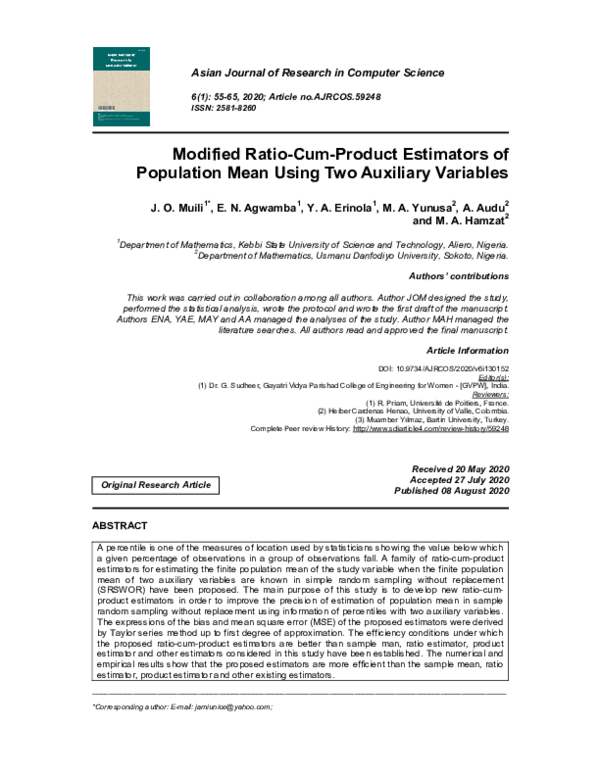 Pdf Modified Ratio Cum Product Estimators Of Population Mean Using