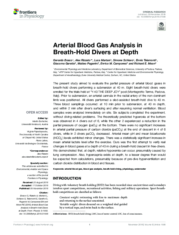 (PDF) Arterial Blood Gas Analysis in Breath-Hold Divers at Depth
