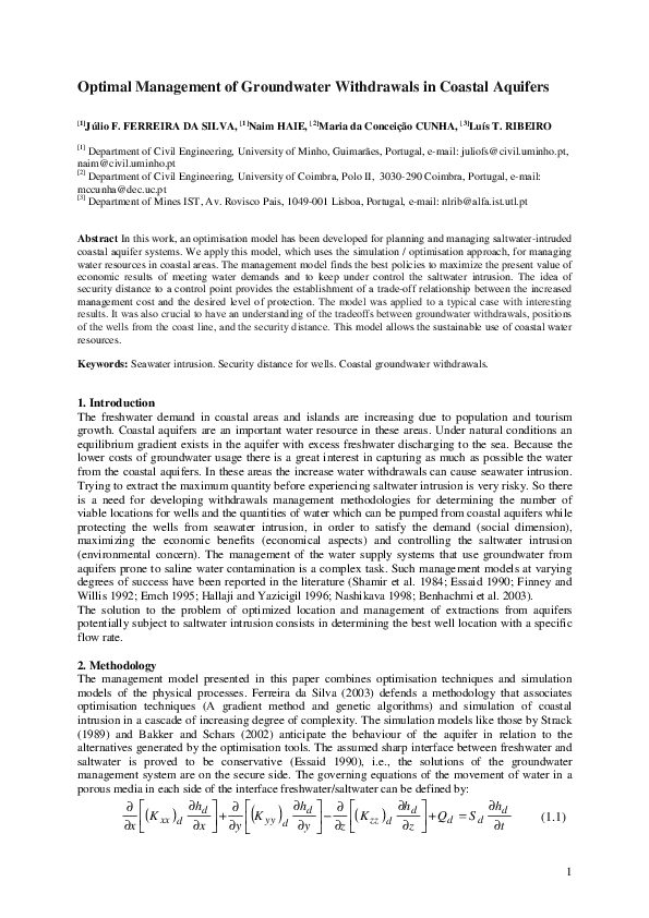 (PDF) Optimal management of groundwater withdrawals in coastal aquifers