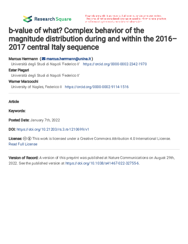 Pdf B Value Of What Complex Behavior Of The Magnitude Distribution During And Within The 2016