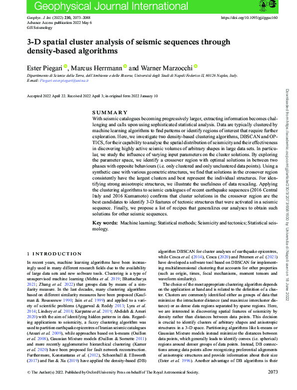 Pdf 3 D Spatial Cluster Analysis Of Seismic Sequences Through Density Based Algorithms
