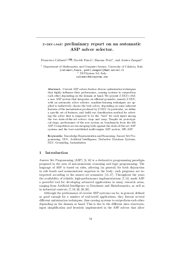 (PDF) I-DLV+MS: Preliminary Report on an Automatic ASP Solver Selector | Francesco Calimeri ...