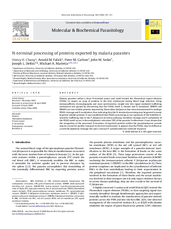 (PDF) N-terminal processing of proteins exported by malaria parasites ...