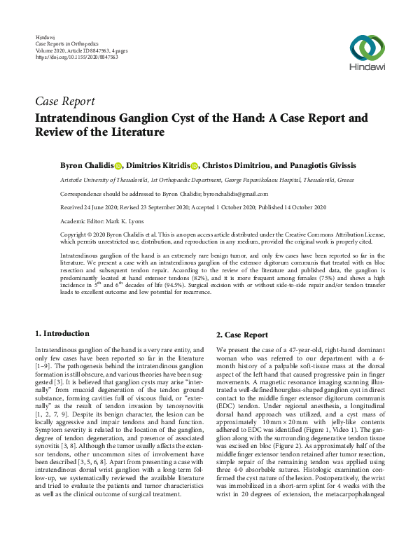 Pdf Intratendinous Ganglion Cyst Of The Hand A Case Report And