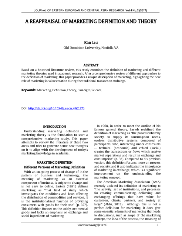 (PDF) A Reappraisal on Marketing Definition and Marketing Theory