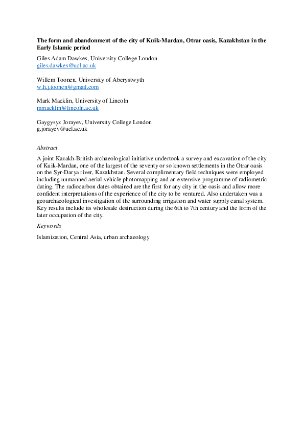 (PDF) The Form and Abandonment of the City of Kuik-Mardan, Otrar Oasis ...