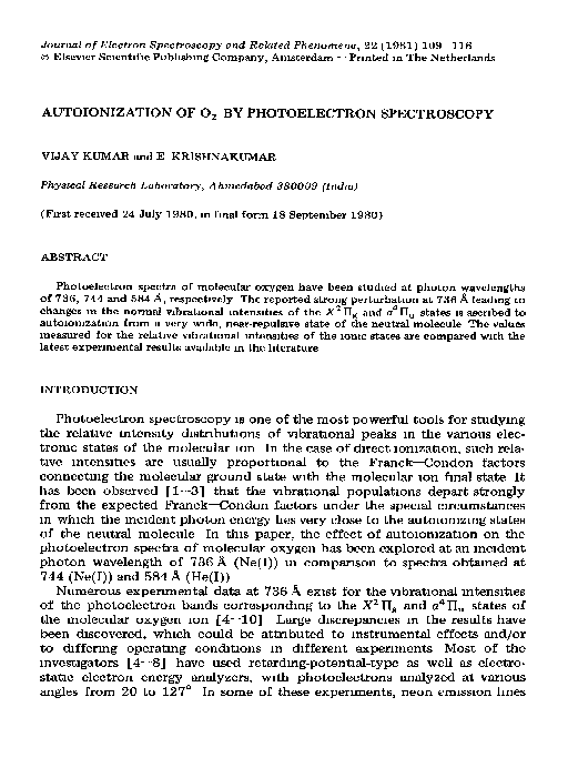(PDF) Autoionization of O2 by photoelectron spectroscopy