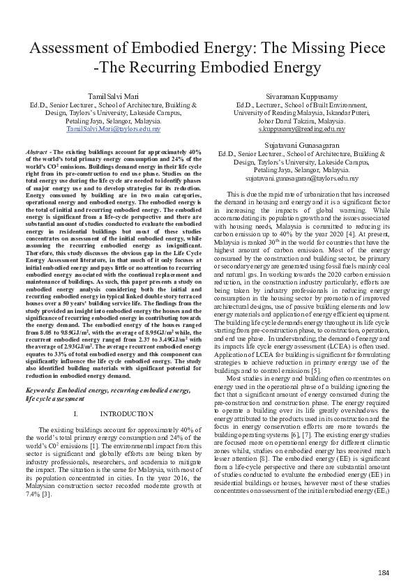 (PDF) Assessment of Embodied Energy: The Missing Piece -The Recurring ...