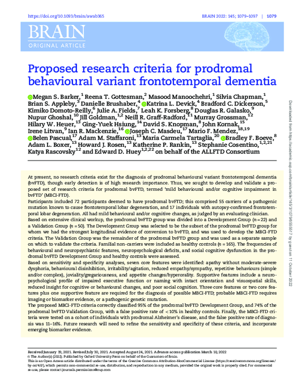 (PDF) Proposed research criteria for prodromal behavioural variant frontotemporal dementia