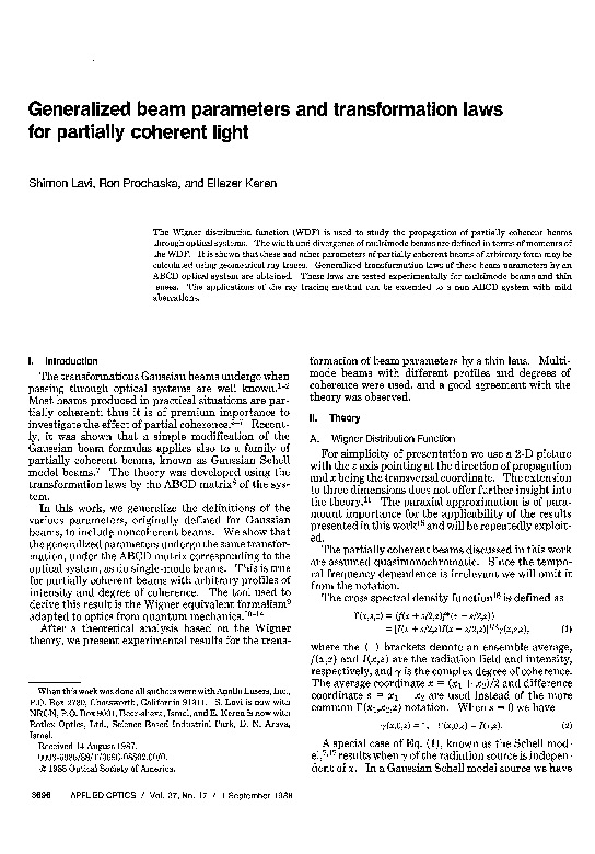 (PDF) Generalized beam parameters and transformation laws for partially coherent light