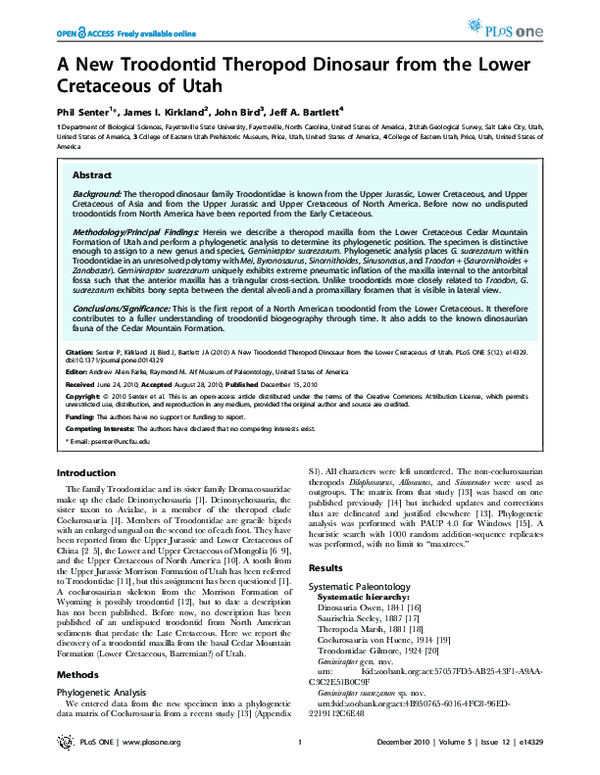 (PDF) A New Troodontid Theropod Dinosaur from the Lower Cretaceous of Utah