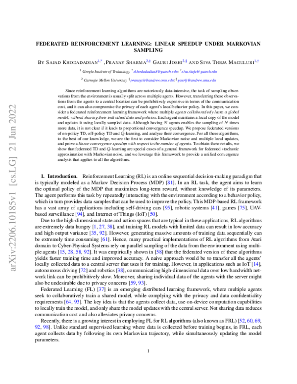 (PDF) Federated Reinforcement Learning: Linear Speedup Under Markovian Sampling | Sajad ...