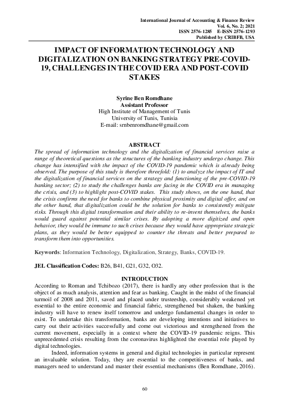 (PDF) Impact of Information Technology and Digitalization on Banking Strategy PRE-COVID-19 ...