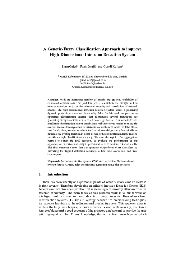 (PDF) A Genetic-Fuzzy Classification Approach to Improve High-Dimensional Intrusion Detection System