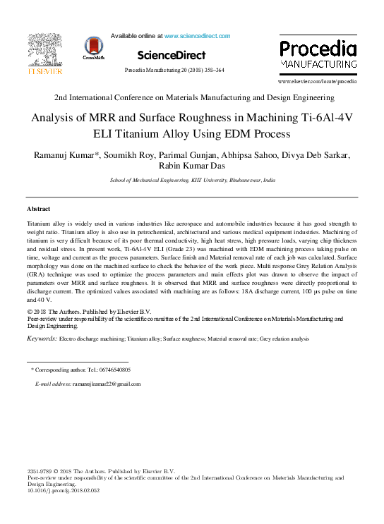 (PDF) Analysis of MRR and Surface Roughness in Machining Ti-6Al-4V ELI Titanium Alloy Using EDM ...