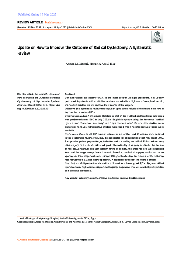 (PDF) Update on How to Improve the Outcome of Radical Cystectomy: A ...
