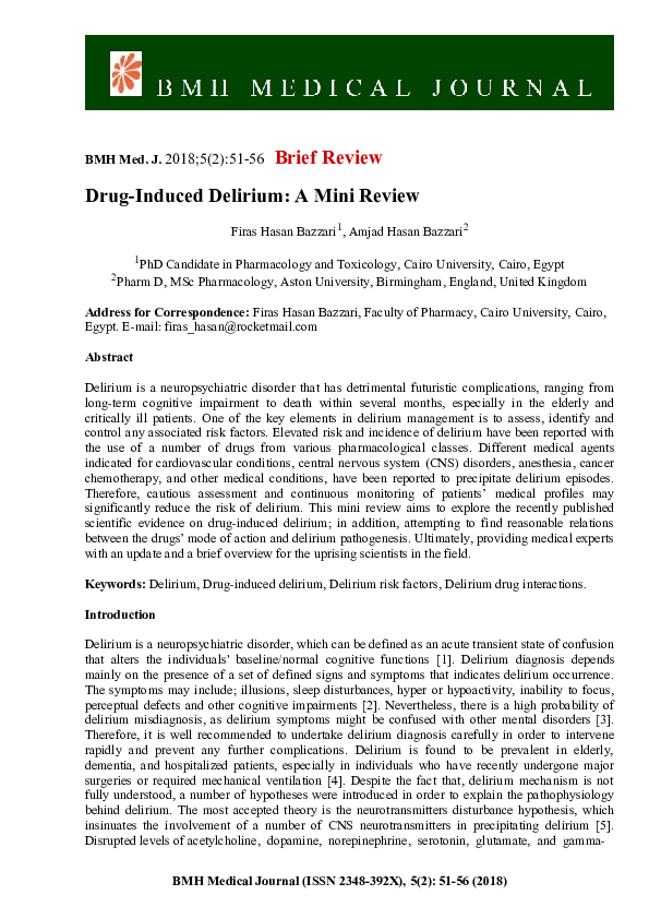 (PDF) Drug-Induced Delirium: A Mini Review | Amjad Bazzari - Academia.edu