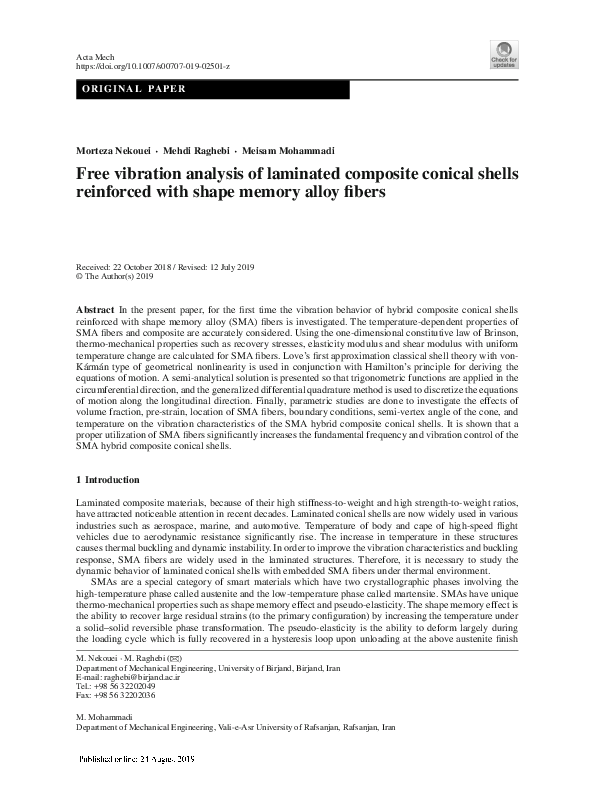 (PDF) Free vibration analysis of laminated composite conical shells reinforced with shape memory ...