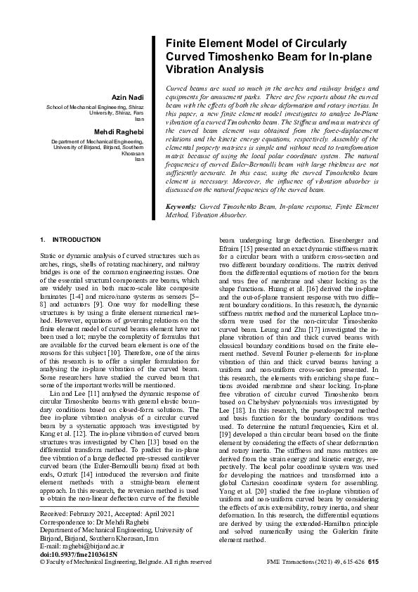 (PDF) Finite element model of circularly curved Timoshenko beam for in-plane vibration analysis