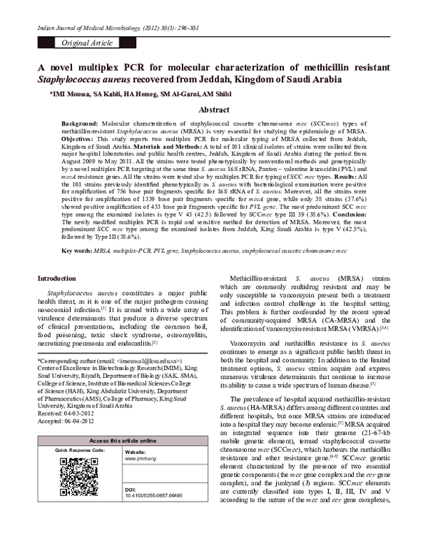Pdf A Novel Multiplex Pcr For Molecular Characterization Of Methicillin Resistant