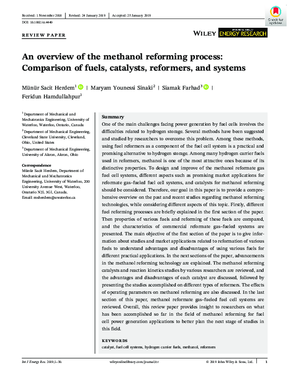 Pdf An Overview Of The Methanol Reforming Process Comparison Of Fuels Catalysts Reformers
