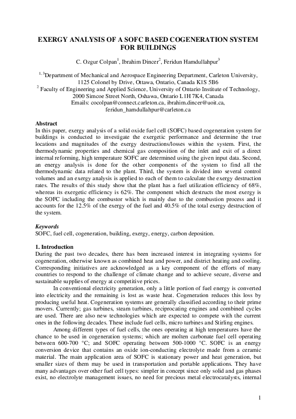 (PDF) Exergy Analysis of a Sofc Based Cogeneration System for Buildings