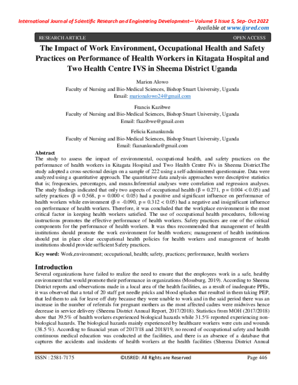 (PDF) The Impact of Work Environment, Occupational Health and Safety Practices on Performance of ...