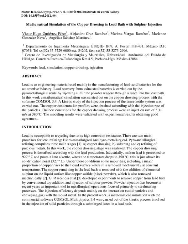 Mathematical Simulation of the Copper Drossing in Lead Bath with ...