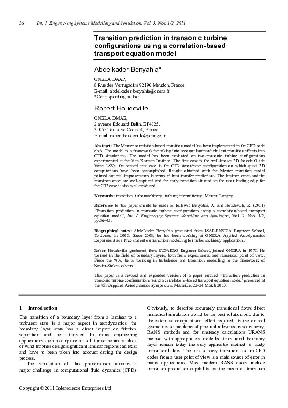(PDF) Transition prediction in transonic turbine configurations using a correlation-based ...
