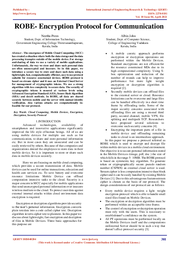 (PDF) ROBE- Encryption Protocol for Communication | NEETHU PREM - Academia.edu