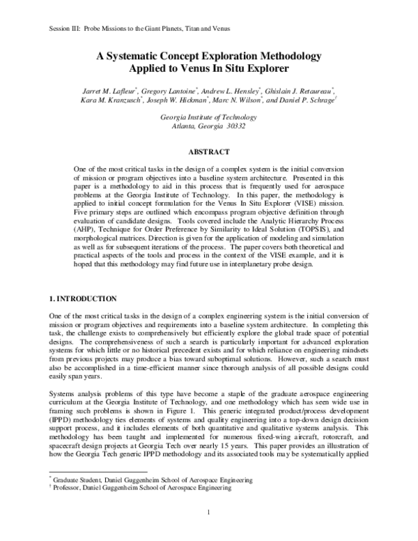 (PDF) A Systematic Concept Exploration Methodology Applied to Venus In Situ Explorer
