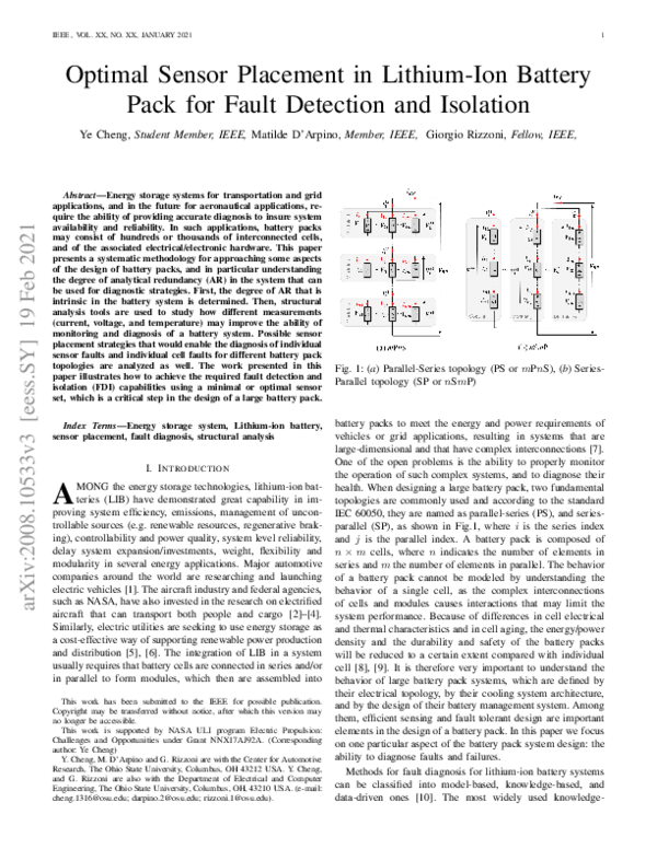 Pdf Optimal Sensor Placement In Lithium Ion Battery Pack For Fault Detection And Isolation