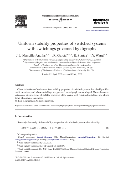 (PDF) Uniform stability properties of switched systems with switchings governed by digraphs