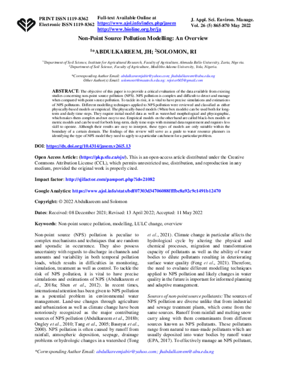 (PDF) Non-Point Source Pollution Modelling: An Overview | Solomon Rejoice Ibrahim - Academia.edu
