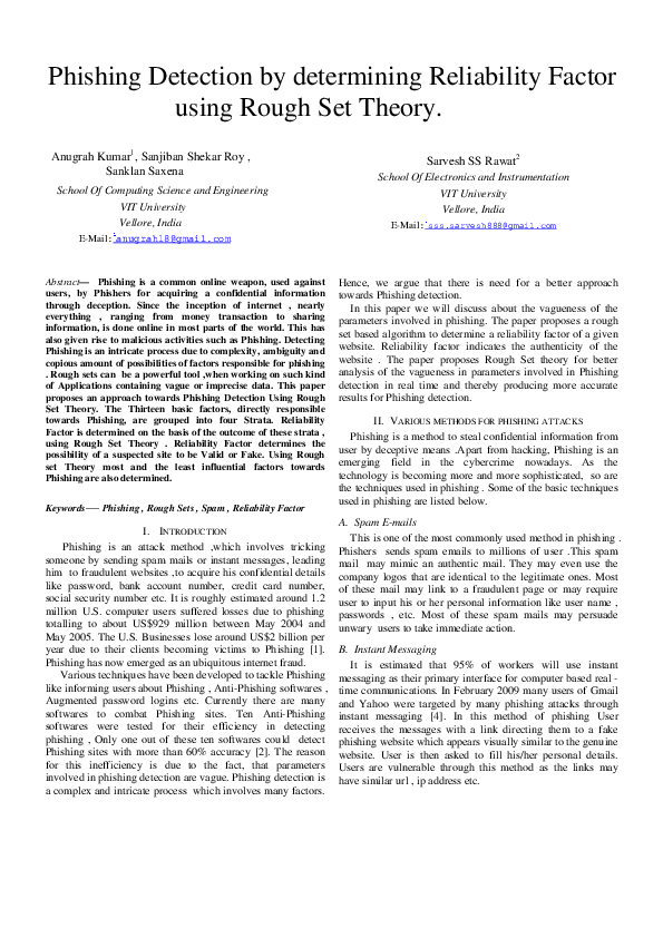 (PDF) Phishing Detection by Determining Reliability Factor Using Rough Set Theory