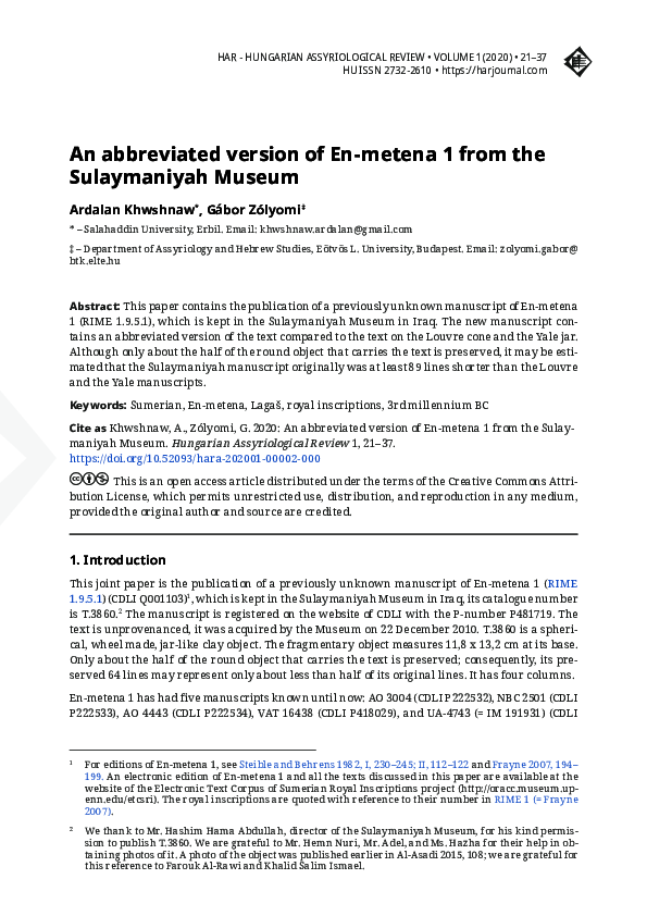 (PDF) An abbreviated version of En-metena 1 from the Sulaymaniyah Museum