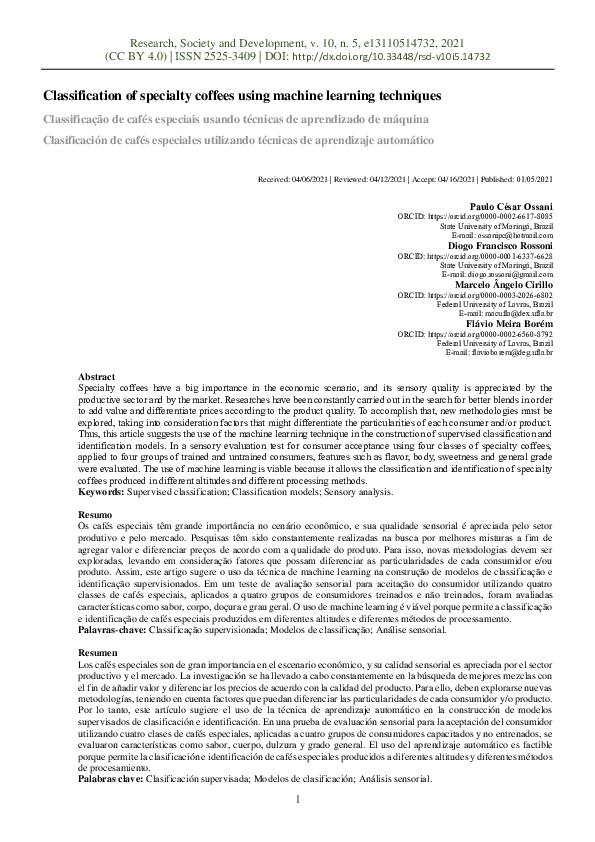(PDF) Classification of specialty coffees using machine learning ...
