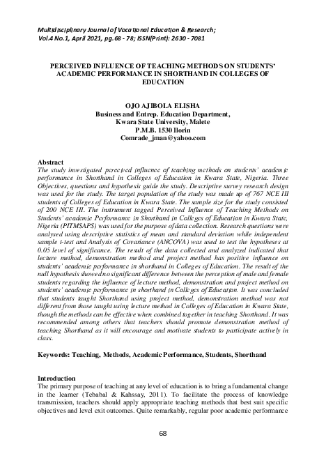 Pdf Perceived Influence Of Teaching Methods On Students Academic