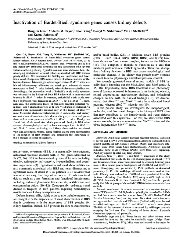 (PDF) Inactivation of Bardet-Biedl syndrome genes causes kidney defects