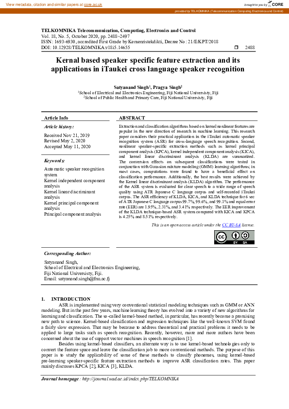 Pdf Kernal Based Speaker Specific Feature Extraction And Its Applications In Itaukei Cross