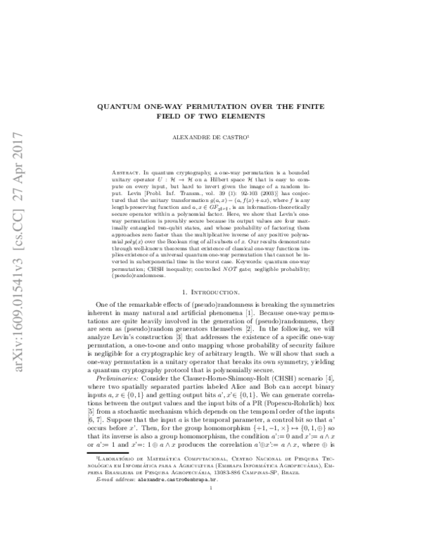 (PDF) Quantum one-way permutation over the finite field of two elements