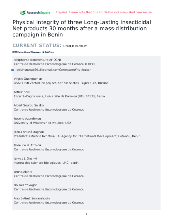 (PDF) Physical integrity of three Long-Lasting Insecticidal Net ...