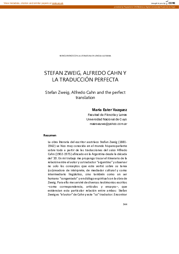 (PDF) Stefan Zweig, Alfredo Cahn and the perfect translation