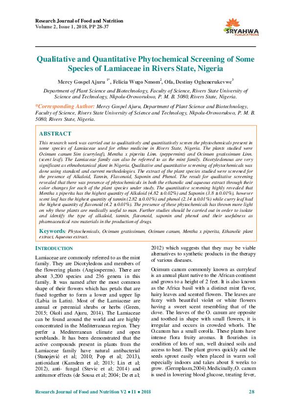 (PDF) Qualitative and Quantitative Phytochemical Screening of SomeSpecies of Lamiaceae in Rivers ...