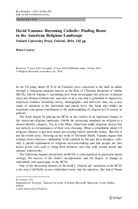 (PDF) David Yamane: Becoming Catholic: Finding Rome in the American ...