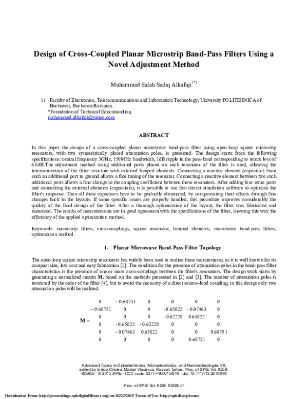 (PDF) Design of Cross-Coupled Planar Microstrip Band-Pass Filters Using a Novel Adjustment Method