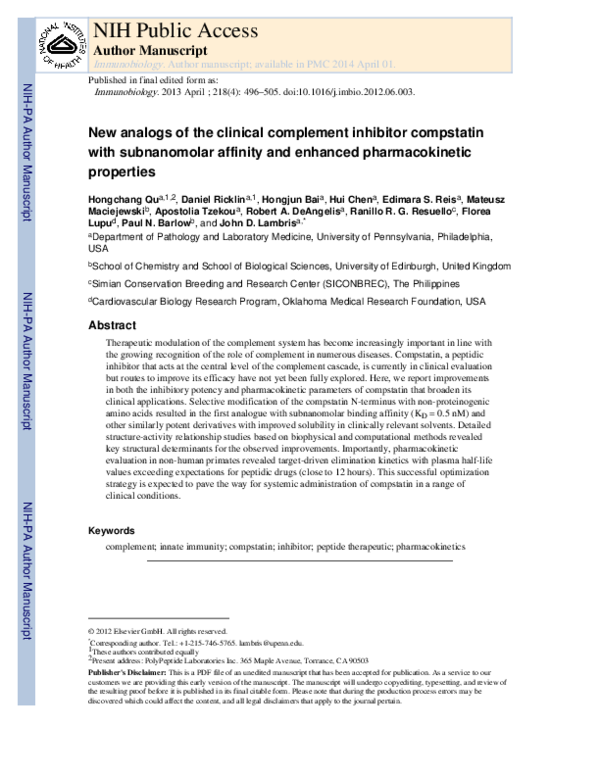 (PDF) New analogs of the clinical complement inhibitor compstatin with ...