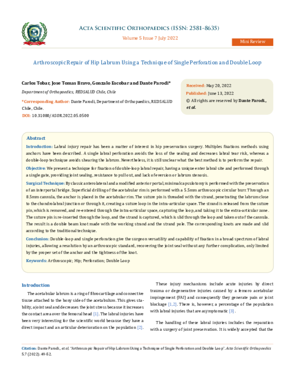 (PDF) Arthroscopic Repair of Hip Labrum Using a Technique of Single ...