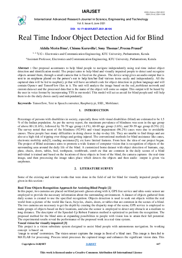 Pdf Real Time Indoor Object Detection Aid For Blind
