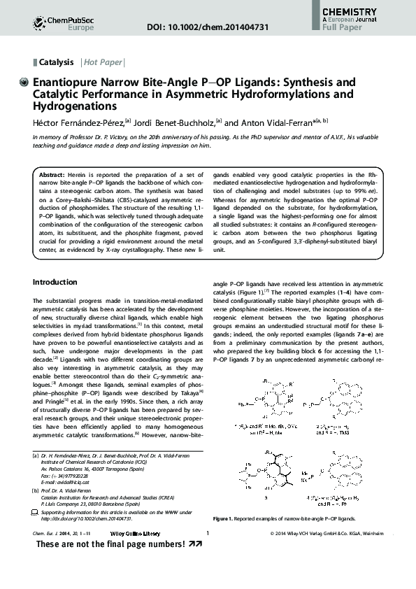 (PDF) Enantiopure Narrow Bite-Angle P OP Ligands: Synthesis and ...